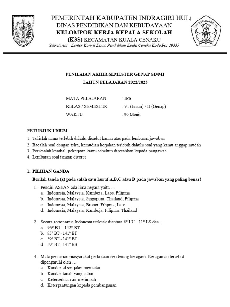 Soal Ujian SD Kelas VI 2022-2023 - Genap | PDF