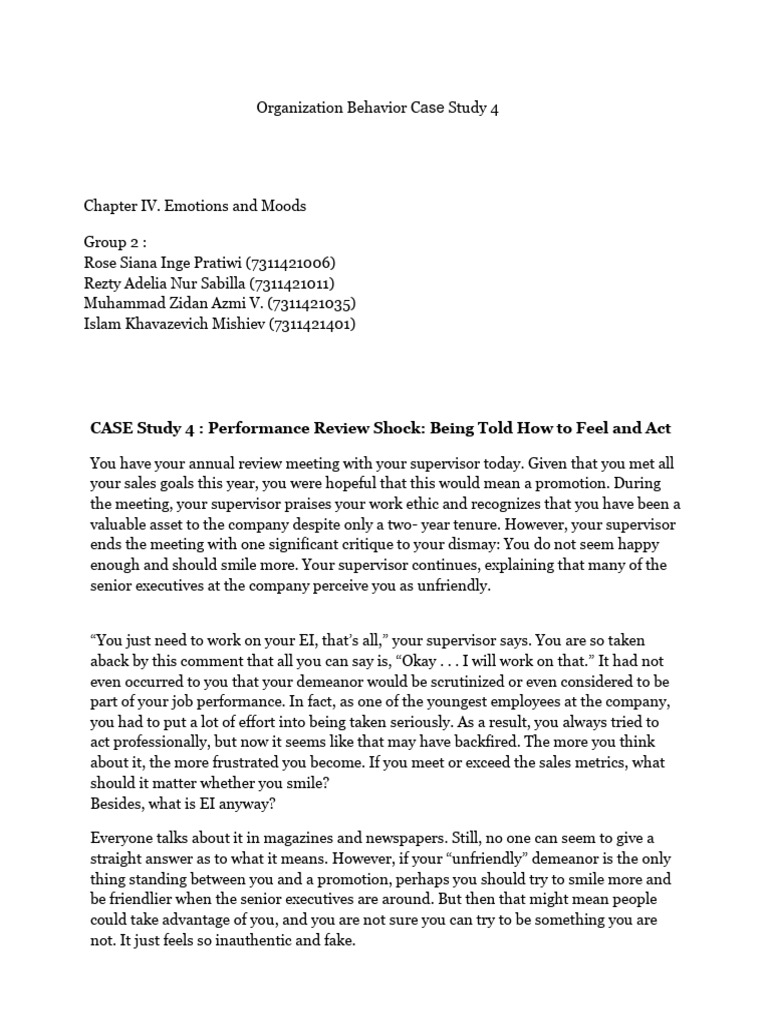 Organization Behavior Case Study 4_Group 2 | PDF | Emotional ...