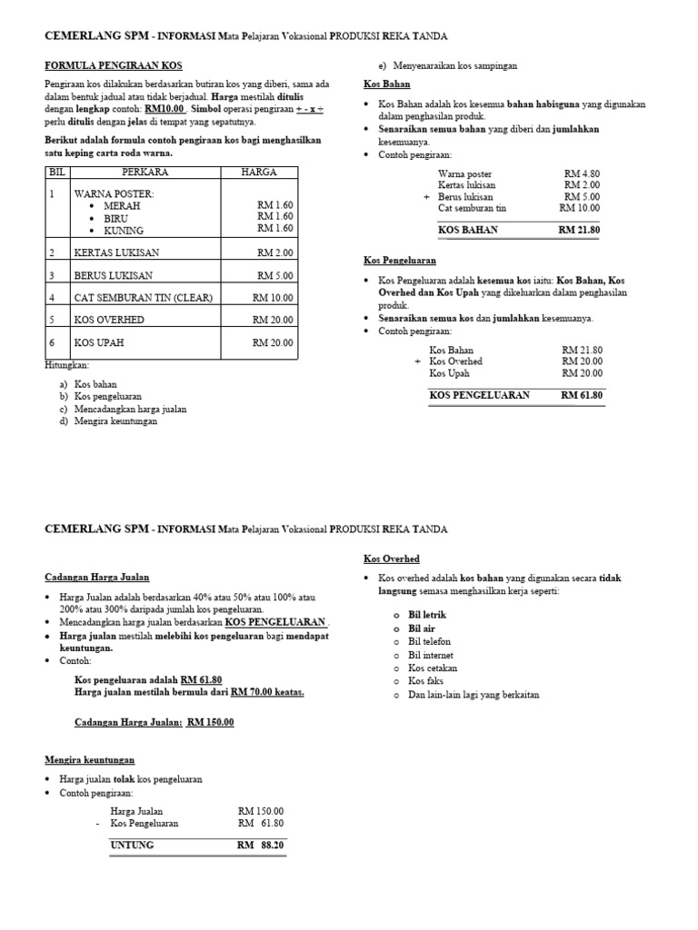 Formula Pengiraan Kos | PDF