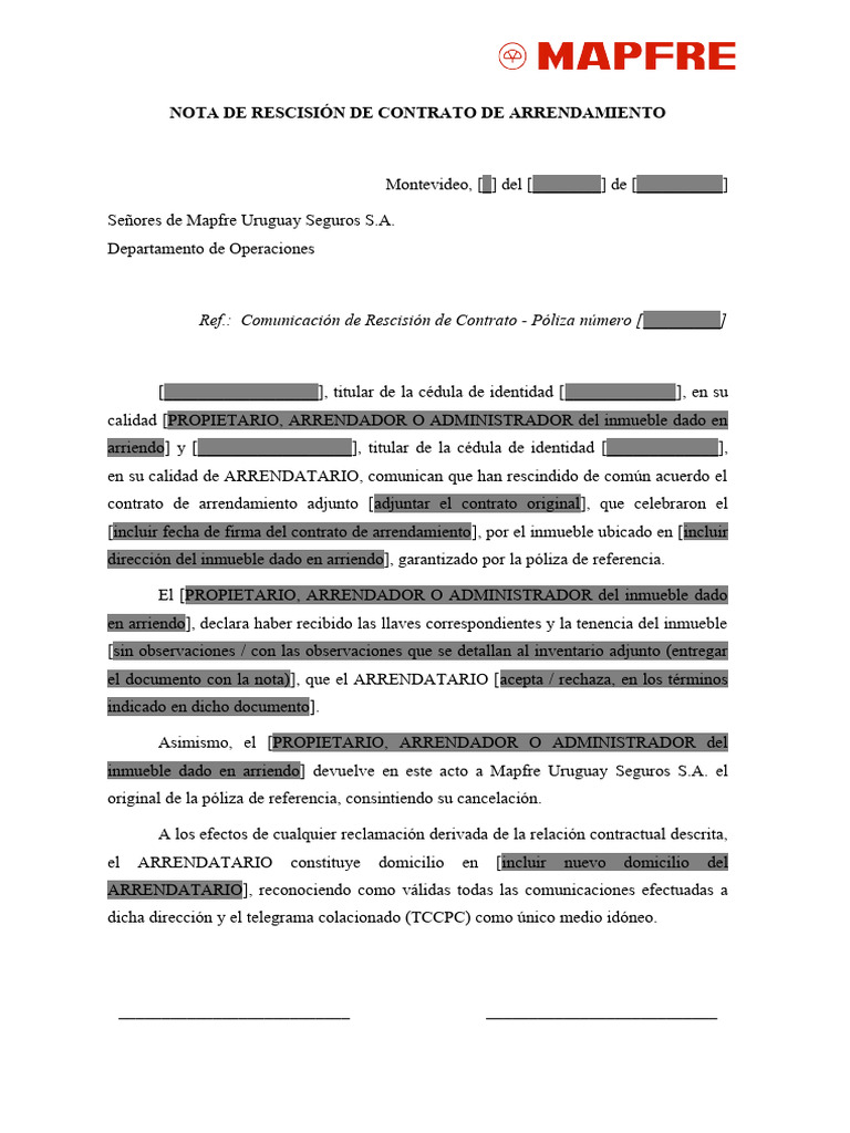 Nota de Rescisión de Contrato de Arrendamiento MAPFRE | PDF