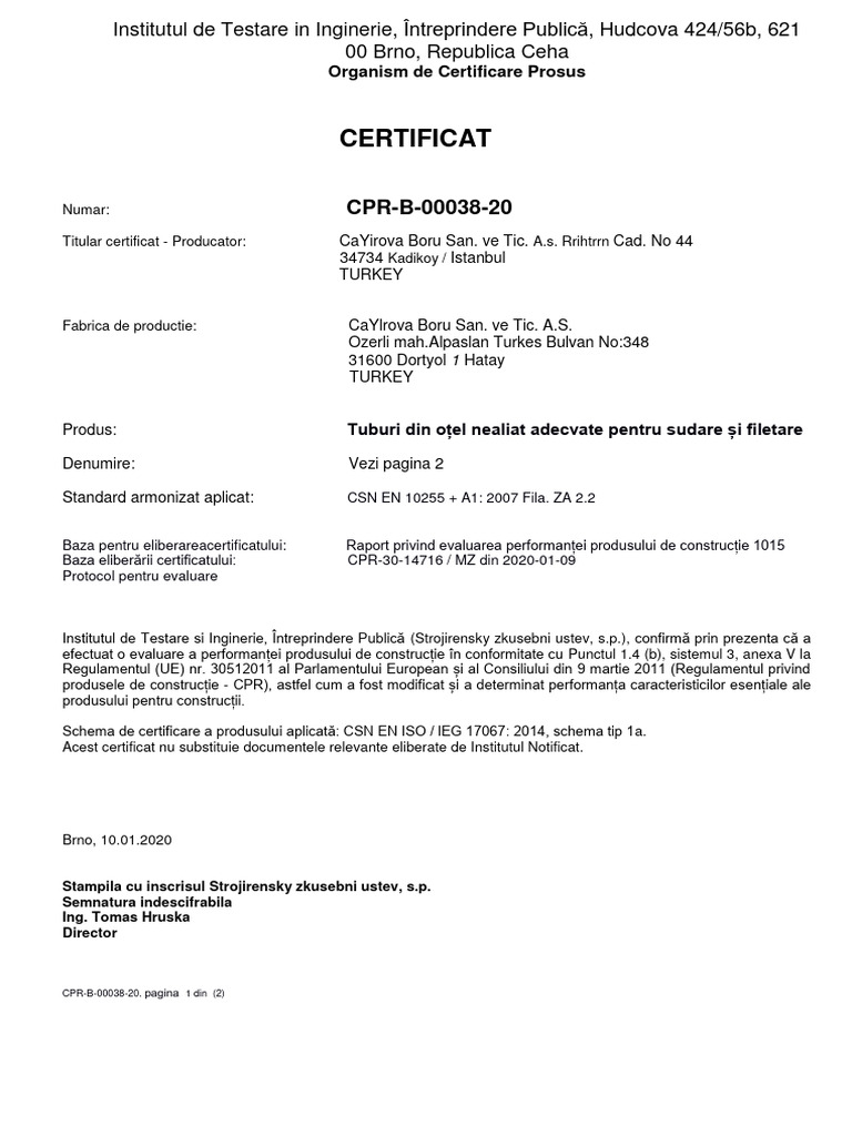 Certificat CE - Teava Sudata EN 10255 (RO-EN) | PDF