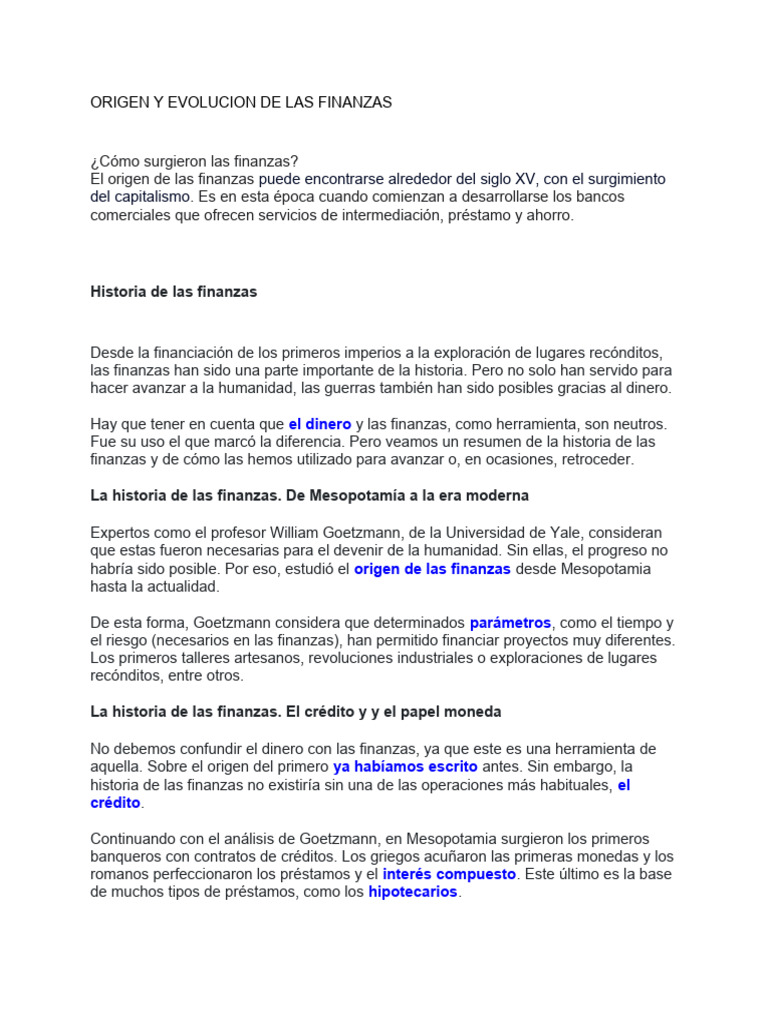 Origen y Evolucion de Las Finanzas | PDF