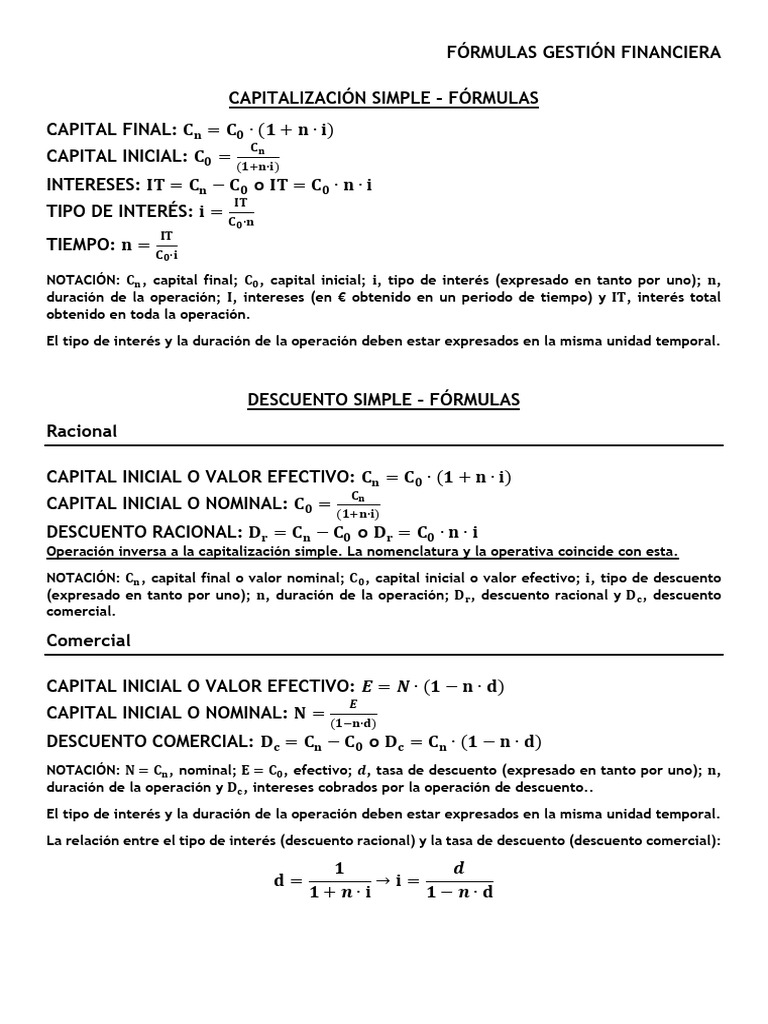 Fórmulas Gestión Financiera | PDF