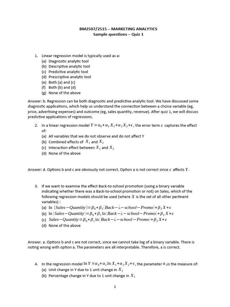 Solutions To Sample Questions - Quiz 1 | PDF | Regression Analysis ...