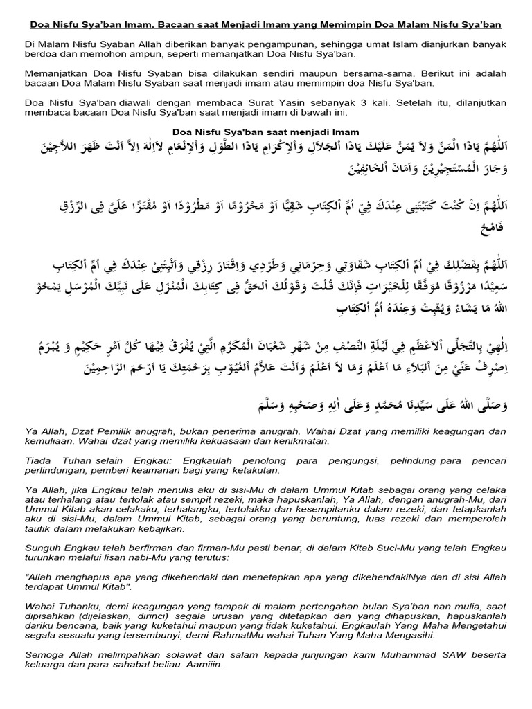 Doa Nisfu Sya Ban Imam, Bacaan Saat Menjadi Imam Yang Memimpin Doa Malam Nisfu Syaban | PDF
