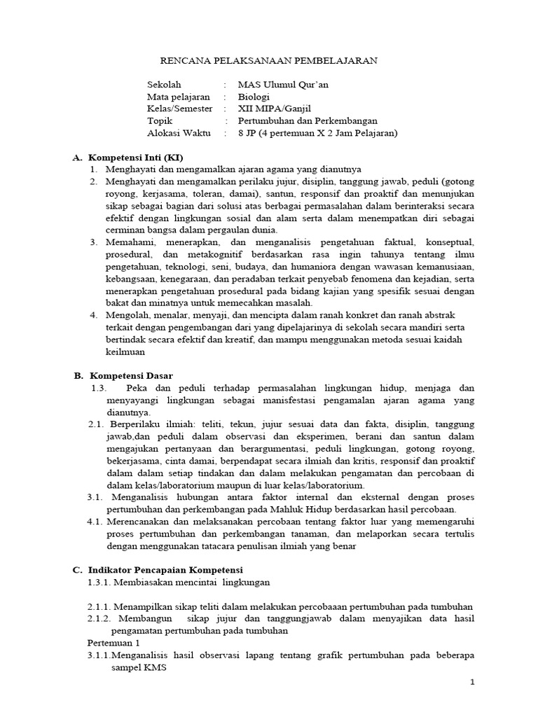 1 Rpp-Pertumbuhan Dan Perkembangan | PDF