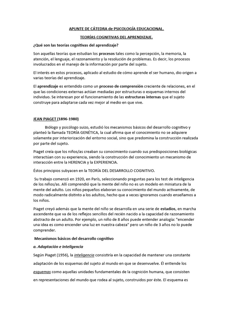 Jean Piaget Apuntes de Catedra | PDF | Aprendizaje | Esquema (psicología) Jean Piaget Apuntes de Catedra | PDF | Aprendizaje | Esquema (psicología)