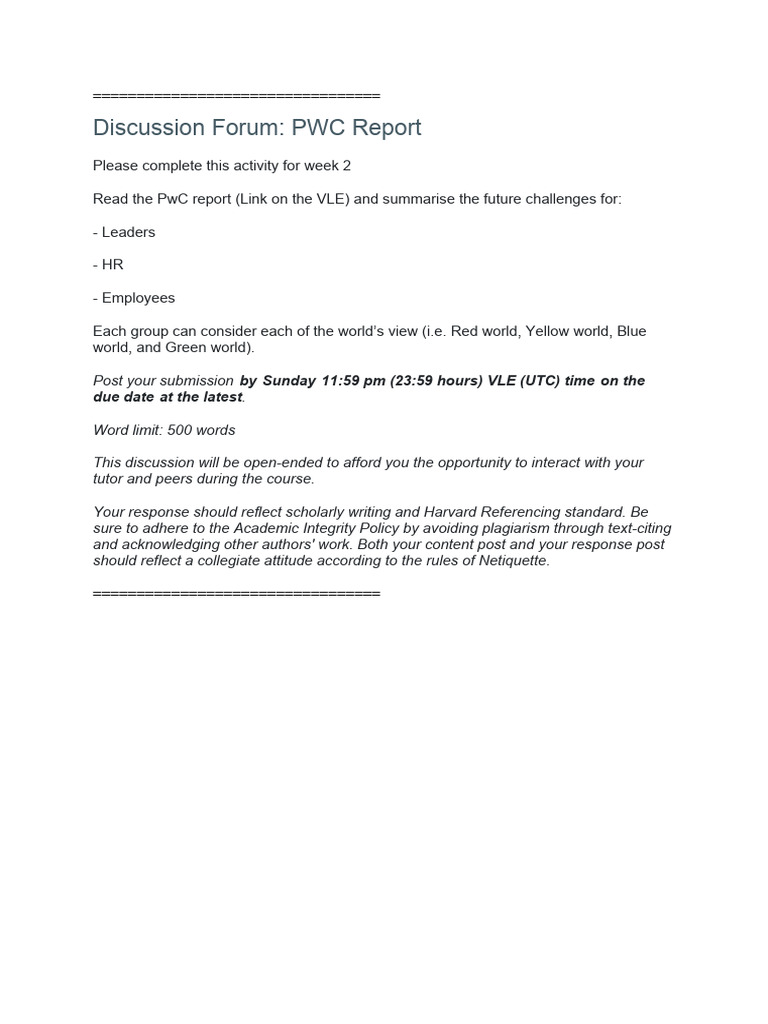 UEL-HR-7003 - Week 2 Discussion Forum PWC Report | PDF | Business