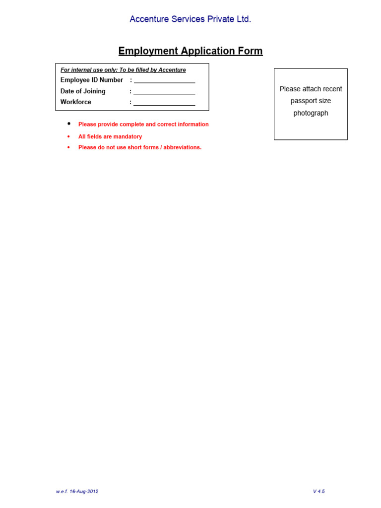 Accenture Employment Application Form | PDF | Career & Growth