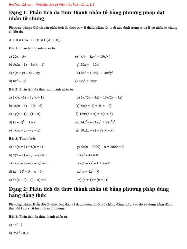 Cac Dang Bai Tap Phan Tich Da Thuc Thanh Nhan Tu | PDF