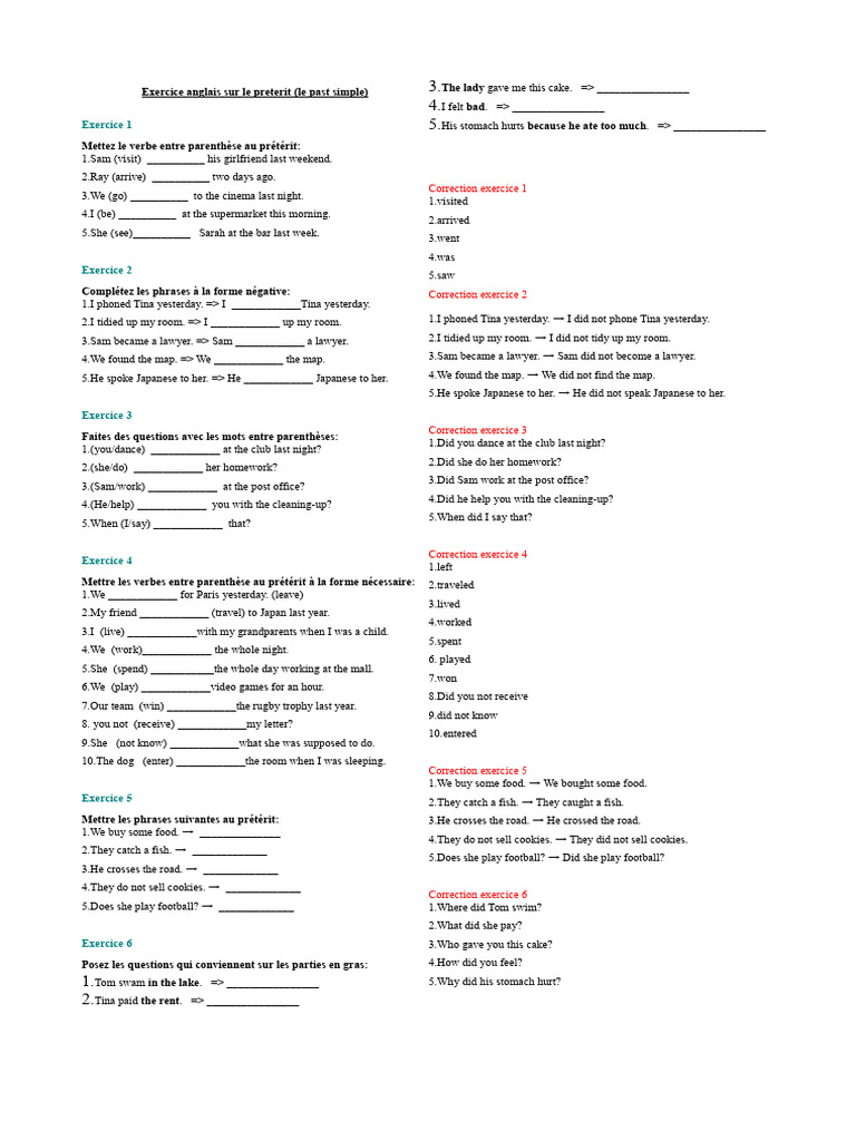 Prétérit Anglais : Exercices et Corrections | PDF | Linguistics | Grammar