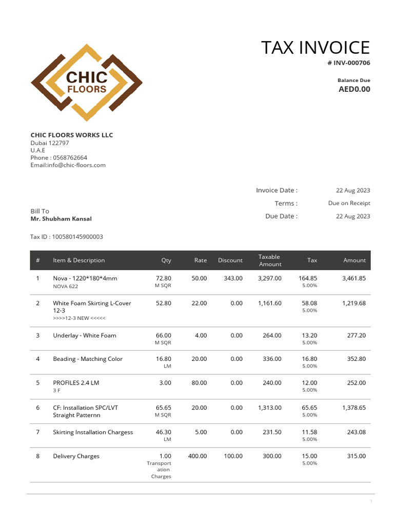 Invoice format for flooring | PDF