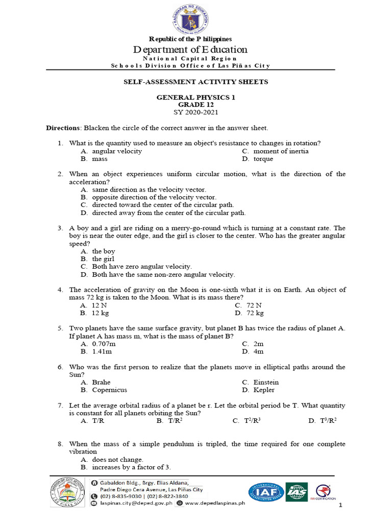 General Physics 1 Self Assessment SY 2020 21 | PDF
