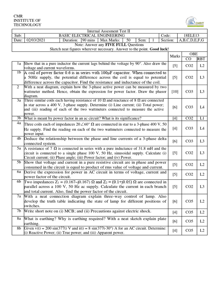 IAT-II Question Paper With Solution of 18ELE13 Basic Electrical ... IAT-II Question Paper With Solution of 18ELE13 Basic Electrical ...