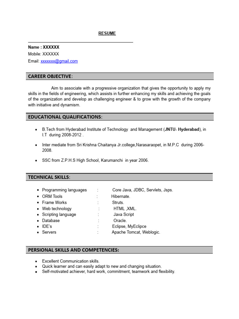 Java Fresher Resume | Download Free PDF | Software | Computer Programming