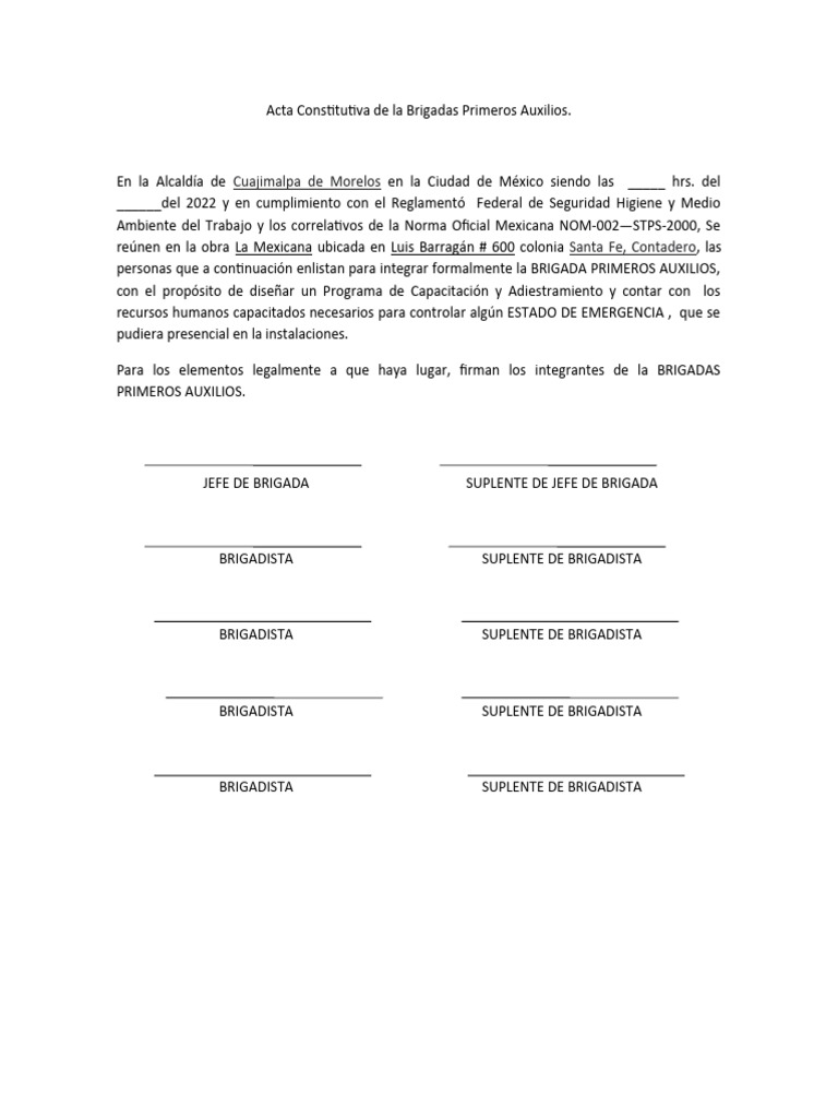 23 Acta Constitutiva de Brigada de Primeros Auxilios | PDF