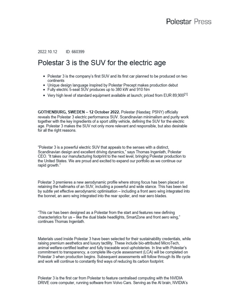 Polestar 3 Is The SUV For The Electric Age PDF | PDF | Electric Motor ...