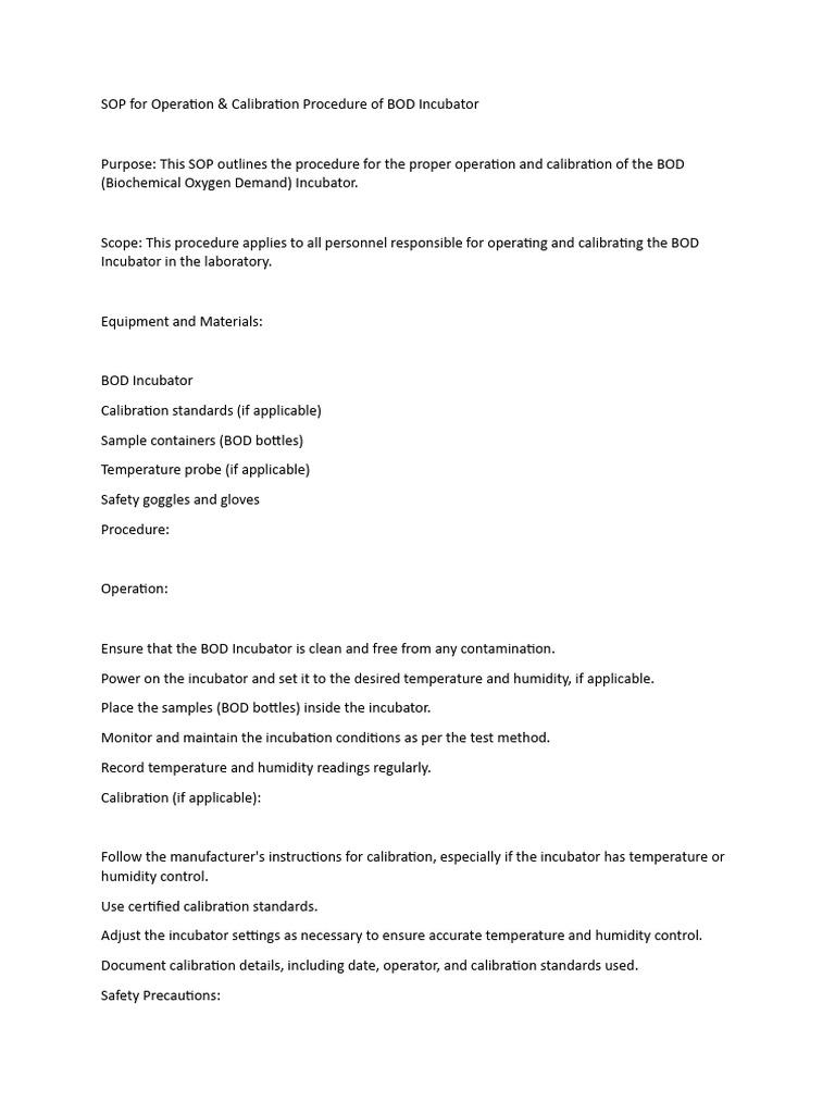 BOD Incubator SOP and Calibration Guide | PDF