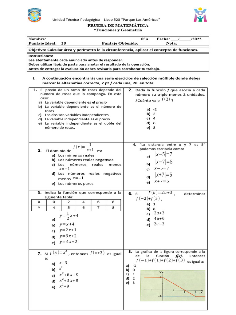 Prueba Matemática Agosto 8° Básico | Descargar gratis PDF | Función (Matemáticas) | Variable ...