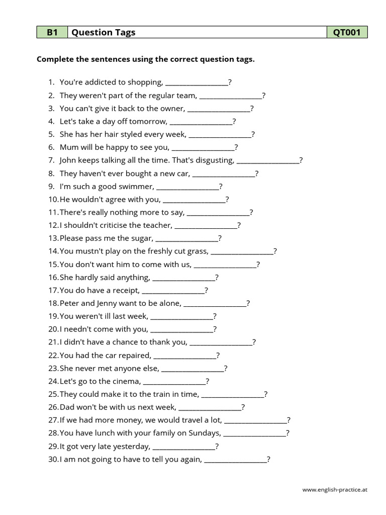 QT001 - Question Tags - PDF Grammar Worksheet - B1 - QT001 | PDF