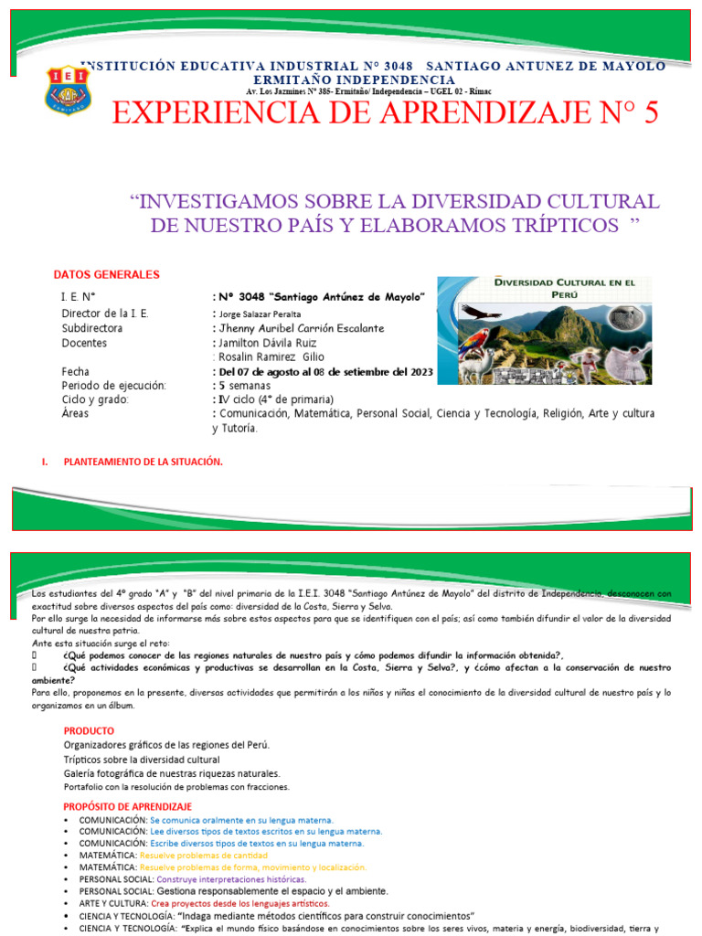 EXPERIENCIA DE APRENDIZAJE N°5 Cuarto Grado | PDF