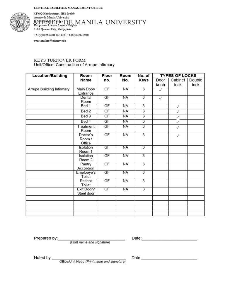 Keys Turnover Form (Jhs Arrupe Infirmary) | Download Free PDF ...