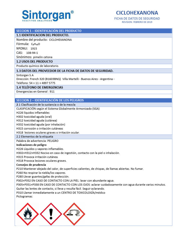Ciclohexanona Hoja de Seguridad | PDF | Ciencias fisicas | Naturaleza