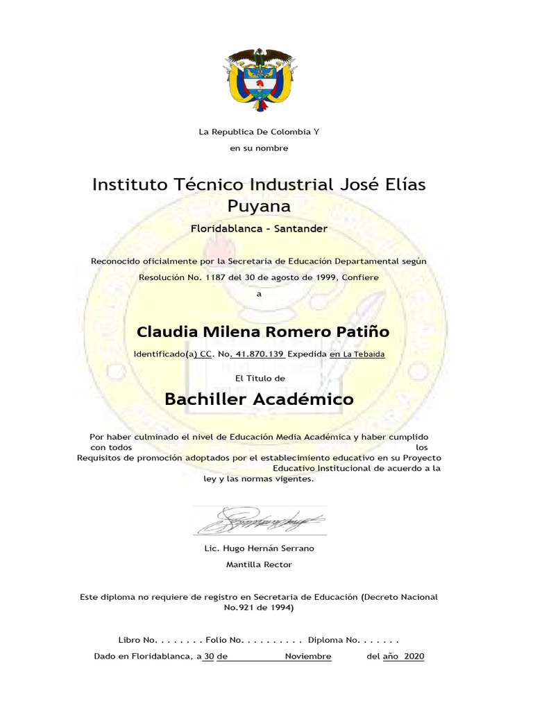 Diploma de Bachiller Académico Colombia | PDF