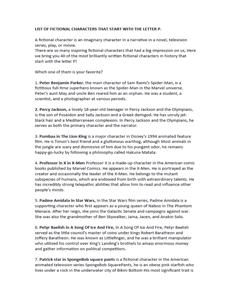 Best Fictional Characters That Start With Letter P | PDF