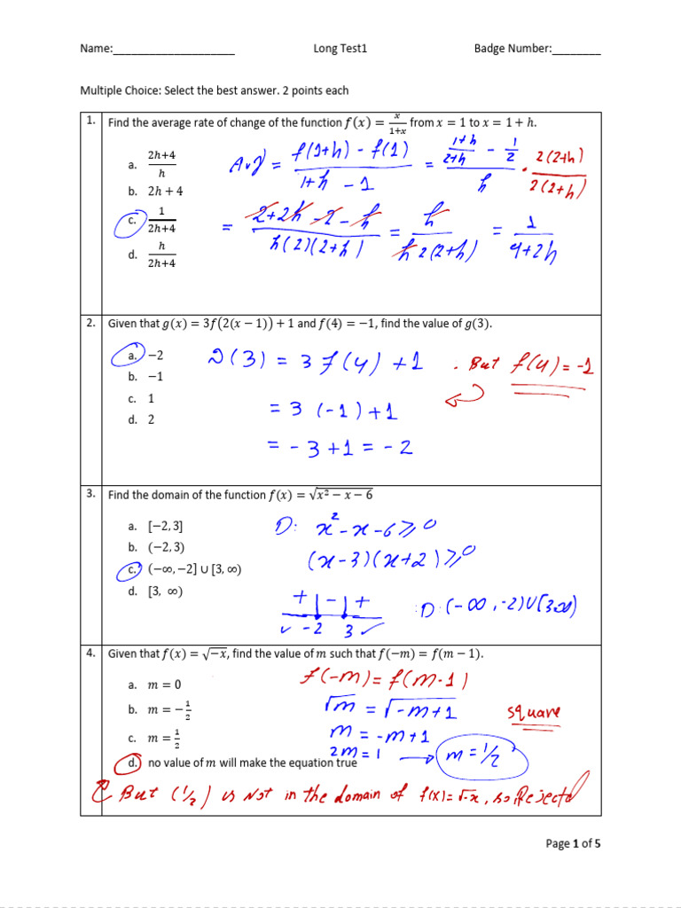 Long Test MCQ Key | PDF | Function (Mathematics) | Functions And Mappings