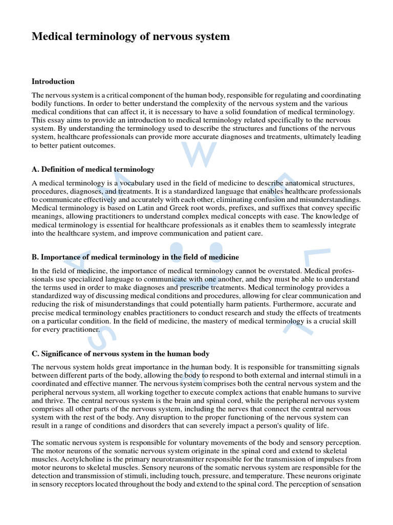 Medical Terminology of Nervous System | PDF