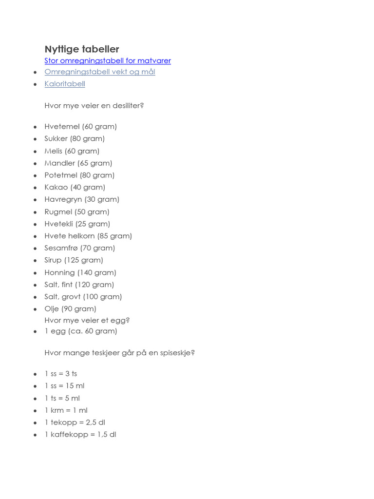 Nyttige Tabeller For Å Finne Vekt Og Gram | PDF