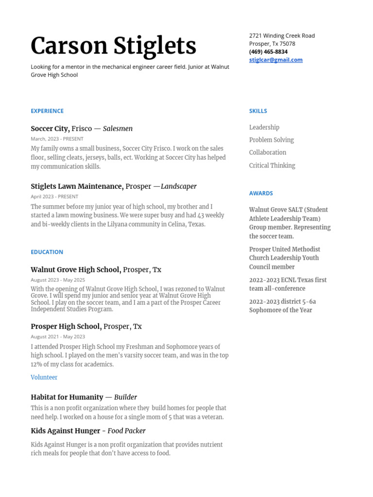 Carson Stiglets Resume | PDF