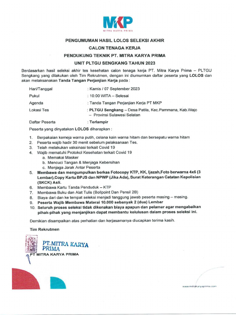 Pengumuman Lolos Seleksi Akhir MKP Up Sengkang 2023 | PDF