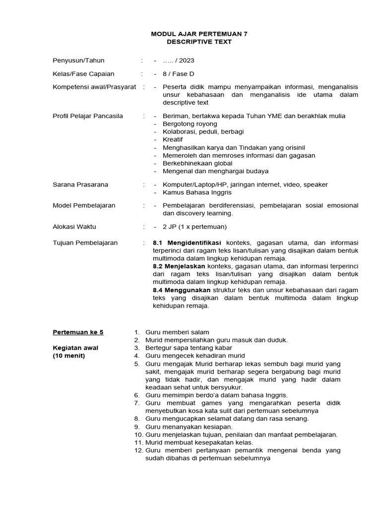 RPP 8 Materi 7 Descriptive Text | PDF | Career & Growth | Foreign Language Studies