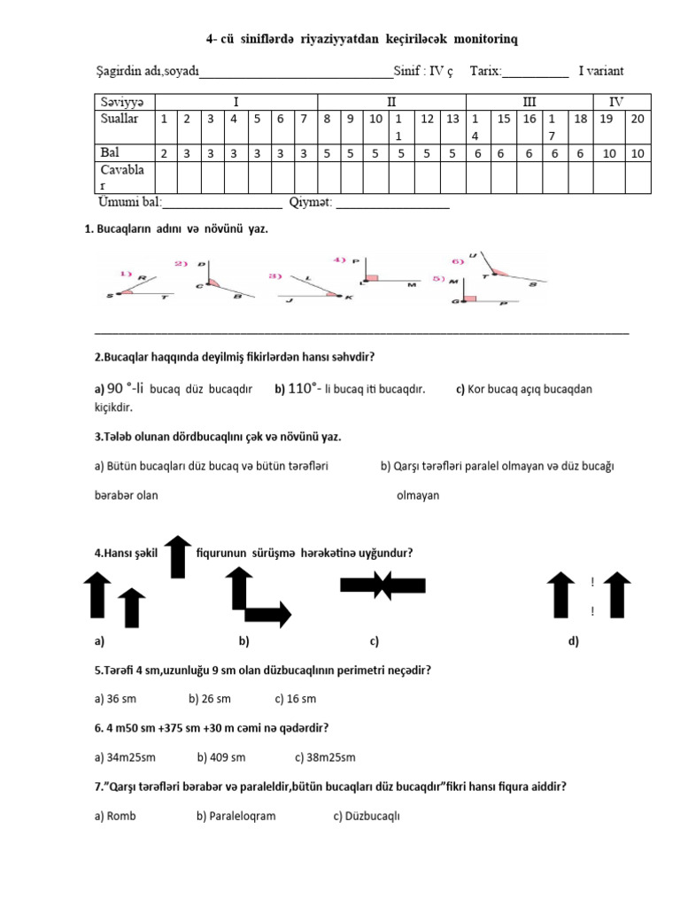 2-Ci Yarm Monitorinq 4-Cu Sinif Riyaziyyat | PDF