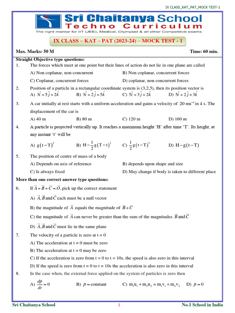 KAT (PAT) 9th CLASS MOCK TEST - 1 | PDF | Acceleration | Force