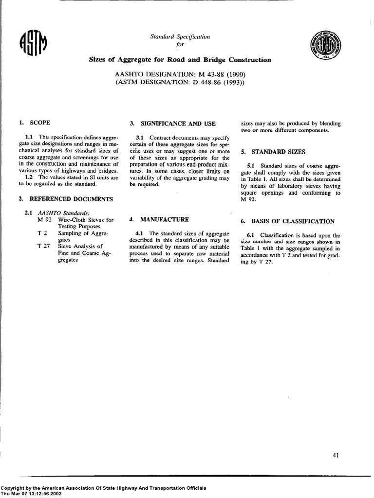 AASHTO M 43 Classification For Size of Aggregate For Road and Bridge ...