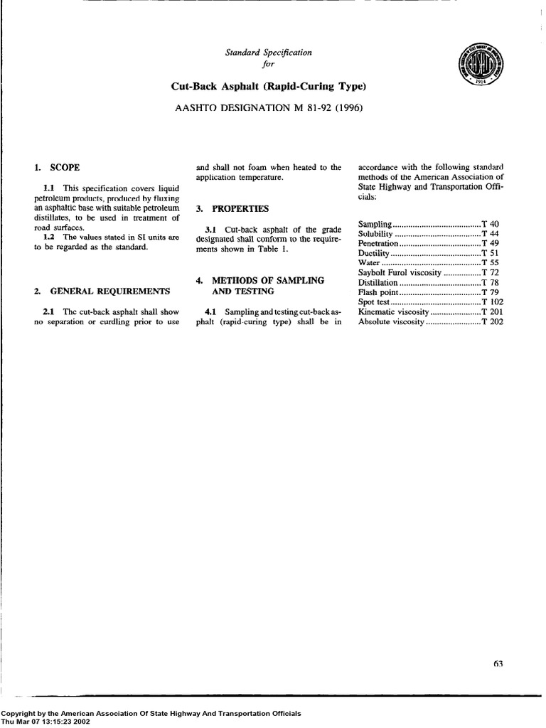 AASHTO M 81 Specification Cut-Back Asphalt (Rapid Curing) | PDF