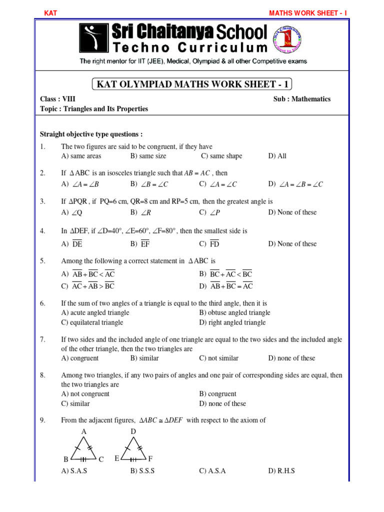 5.VIII - Class Maths KAT Work Sheet - 1 - Triangles and Its ...