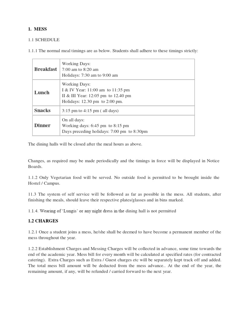 Hostel Mess Timing | PDF | Meal | Cafeteria