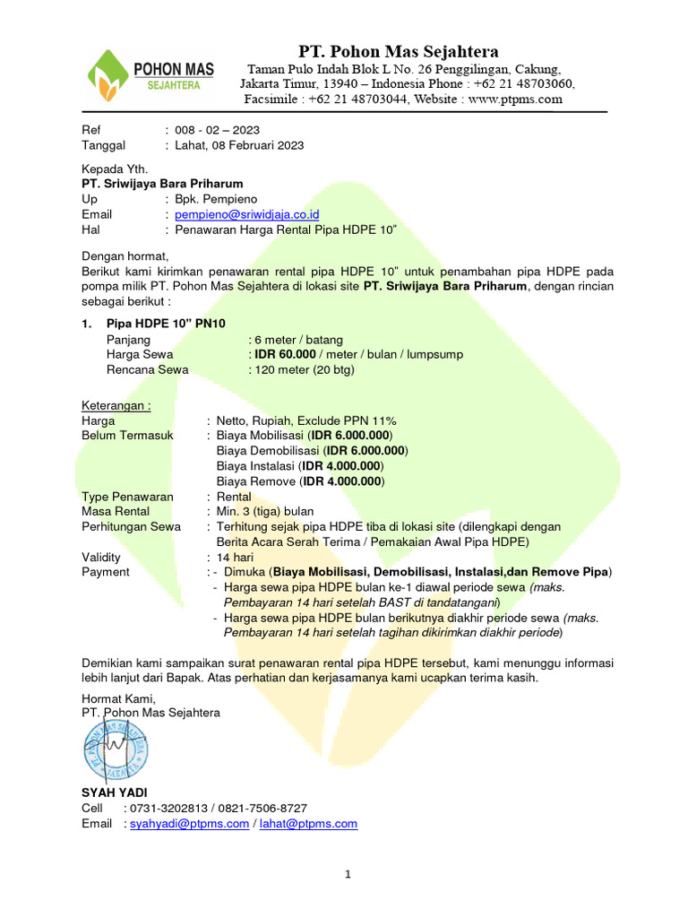 Quot 008-02-23 Rental Pipa Hdpe Pt. SBP | PDF