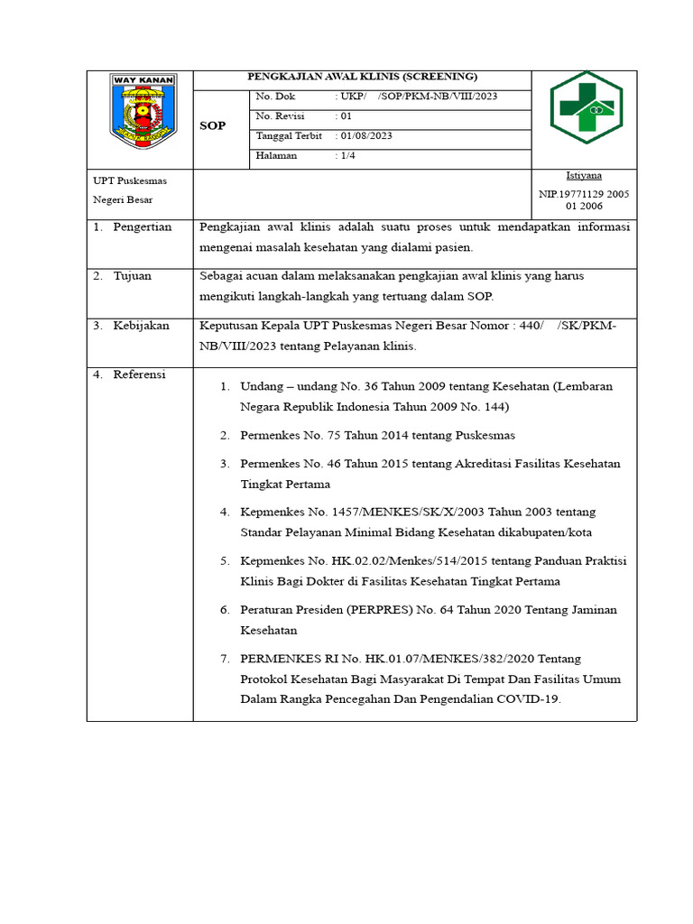SOP Pengkajian Awal Klinis | PDF