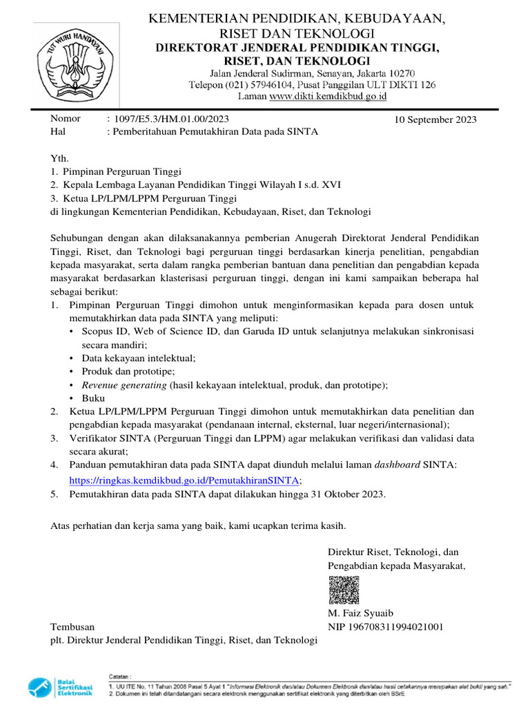 Surat Pemutakhiran Data SINTA 2023 | PDF