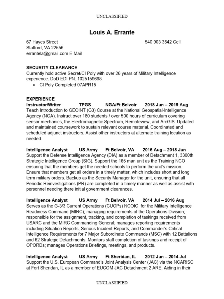 Kyloc Army Intelligence Experience Summary | PDF