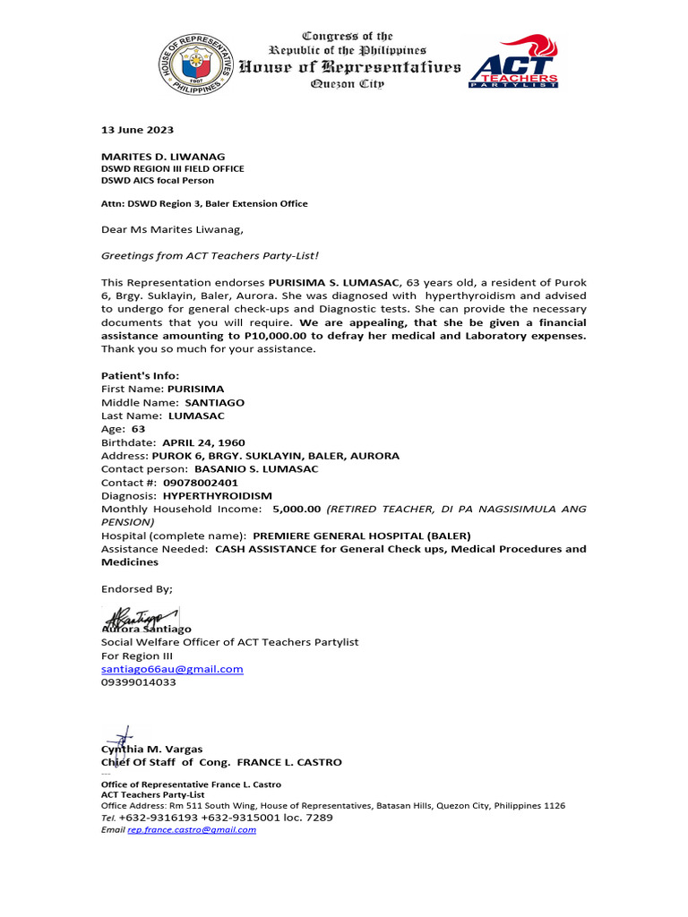 LUMASAC Endorsement Letter For Medical Assistance | PDF