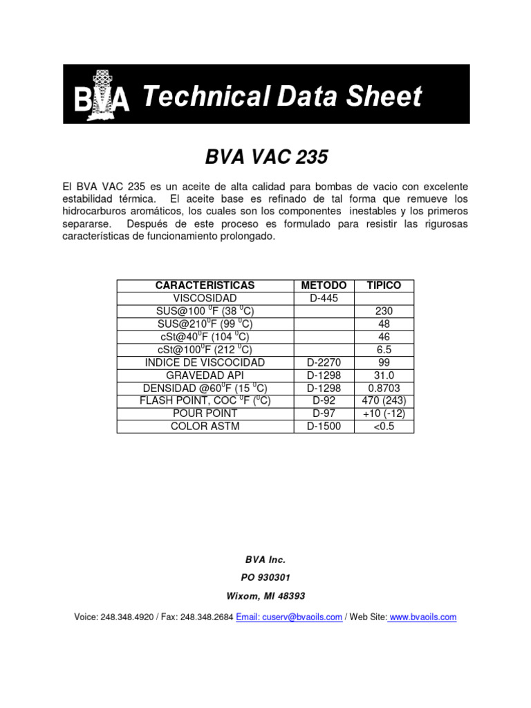 Aceite para Bomba de Vacio Bva235q Bva Ficha Tecnica | PDF