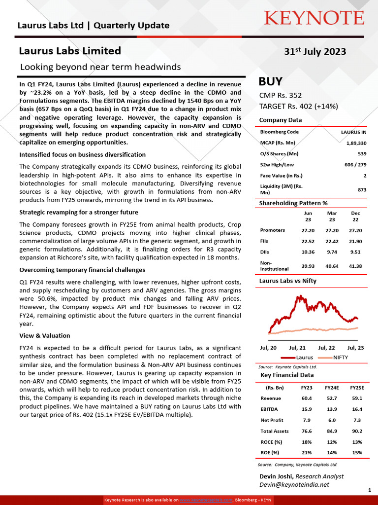 Quarterly Update Report Laurus Labs Q1 FY24 | PDF | Financial Analyst | Equity (Finance)