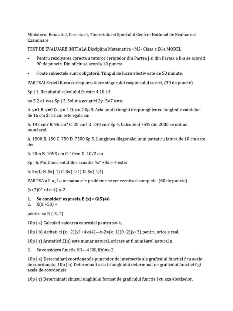 Test Initial Matematica M2 Clasa A 9 A | PDF