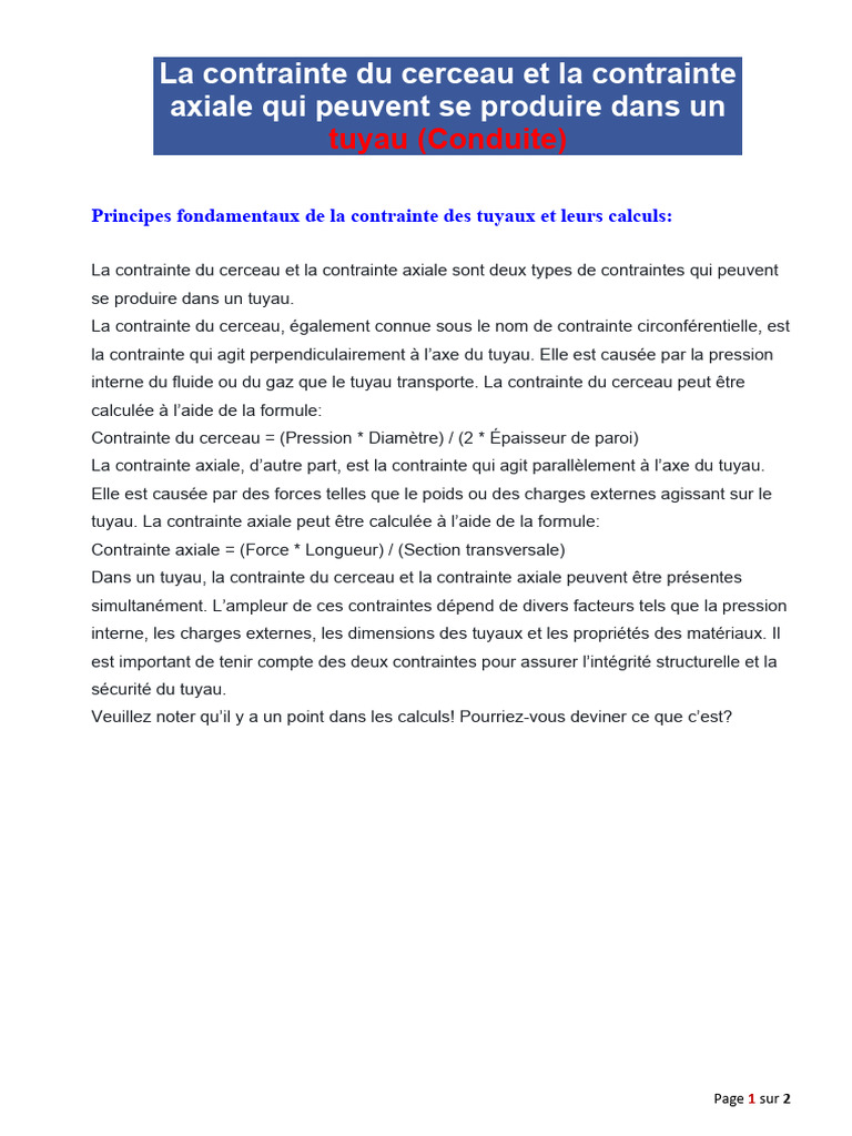 Les Contraintes Qui Peuvent Se Produire Dans Un Tuyau (Conduite) - FH ...